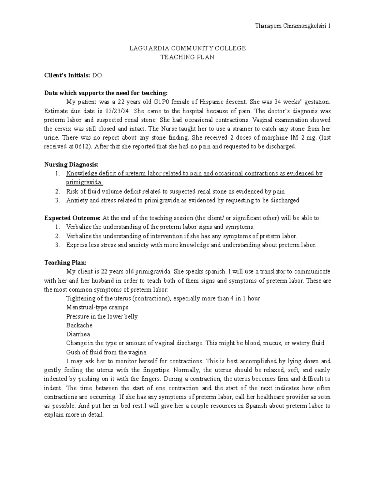 SCL114 Teaching PLAN - Thanaporn Chiramongkolsiri 1 LAGUARDIA COMMUNITY ...