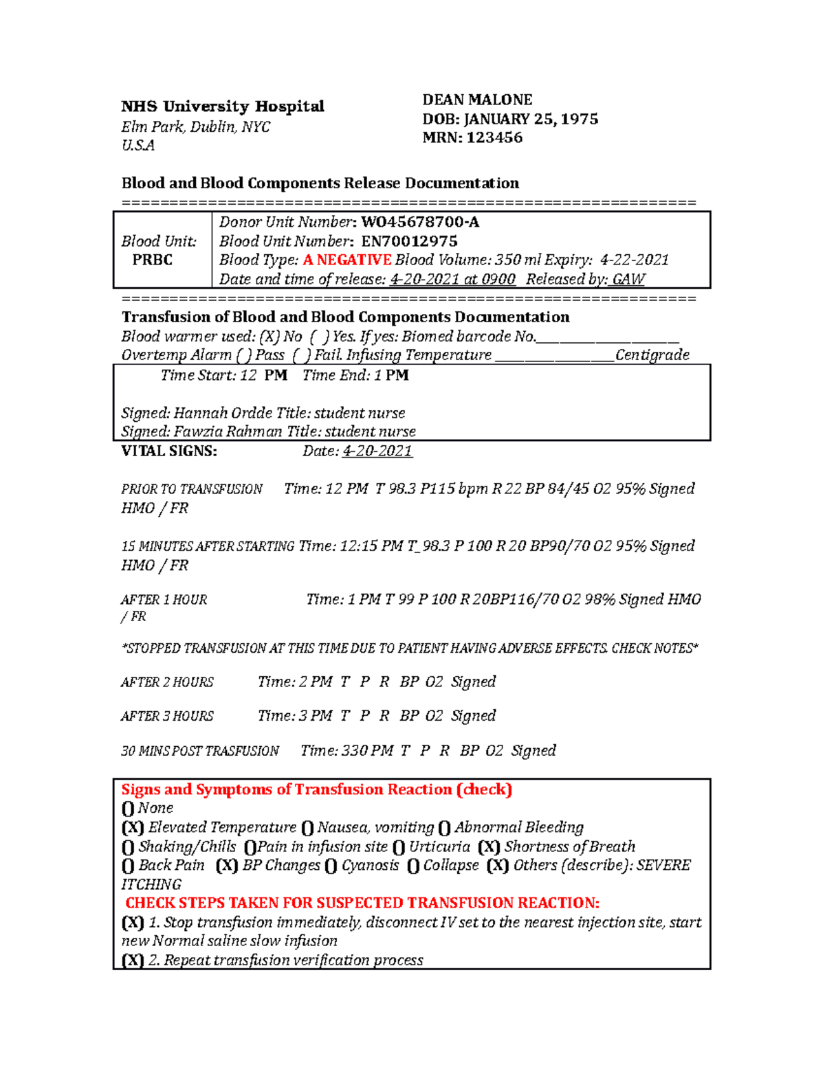 Blood Product Release AND Transfusion Record - NHS University Hospital ...
