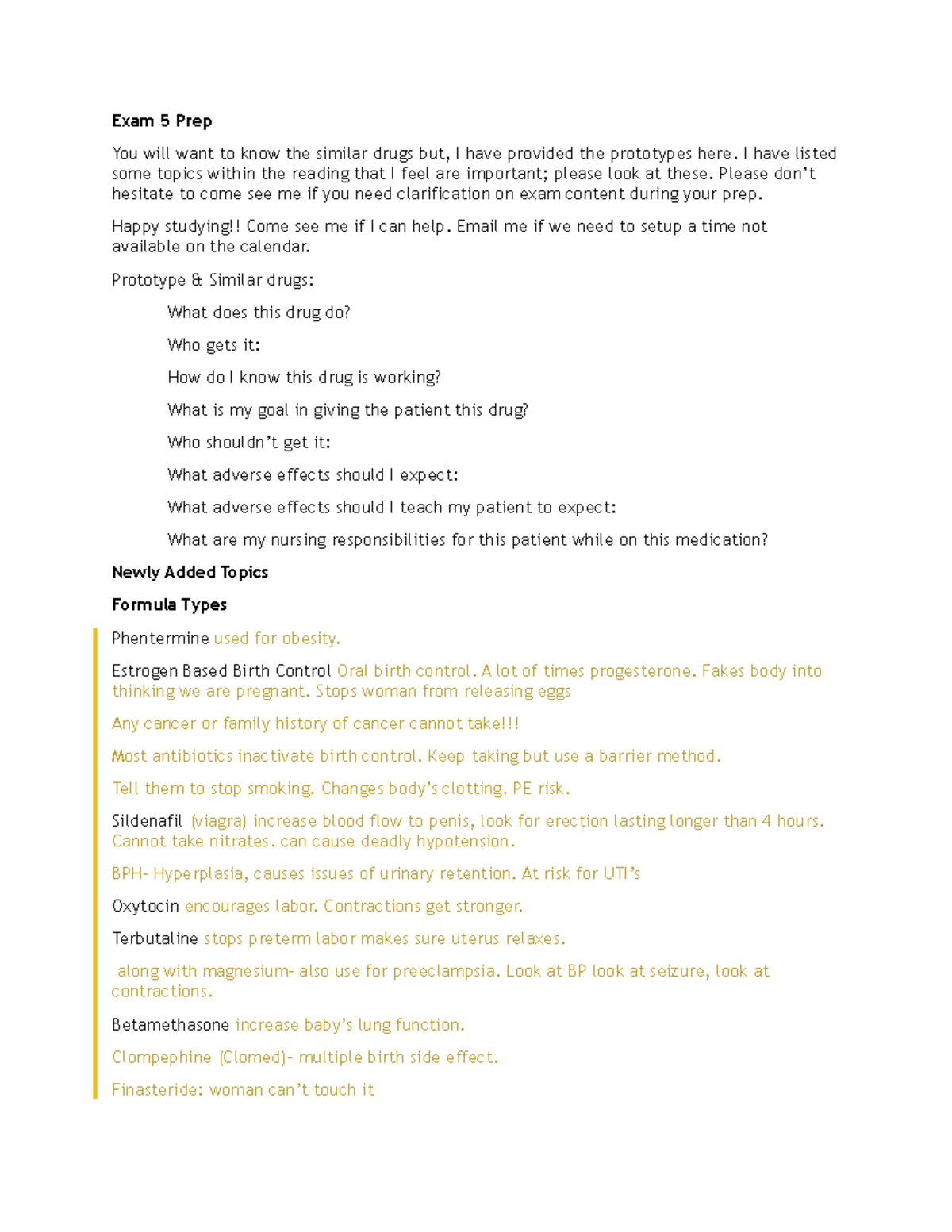 Exam Five Prep - Document includes medications as well as side effects ...