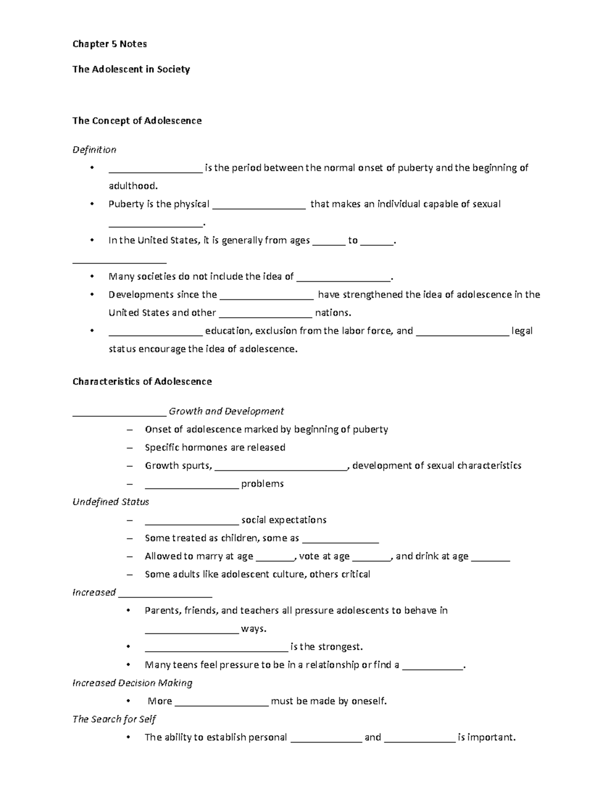 Chapter 5 Notes S - Chapter 5 Notes The Adolescent in Society The ...
