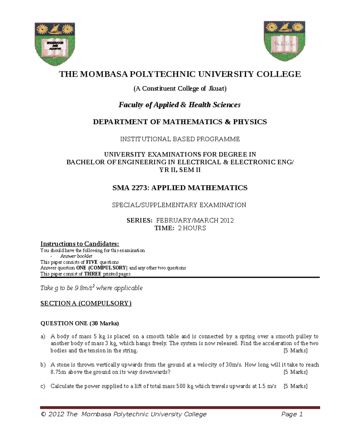 SMA 2273 Applied Mathematics - THE MOMBASA POLYTECHNIC UNIVERSITY ...