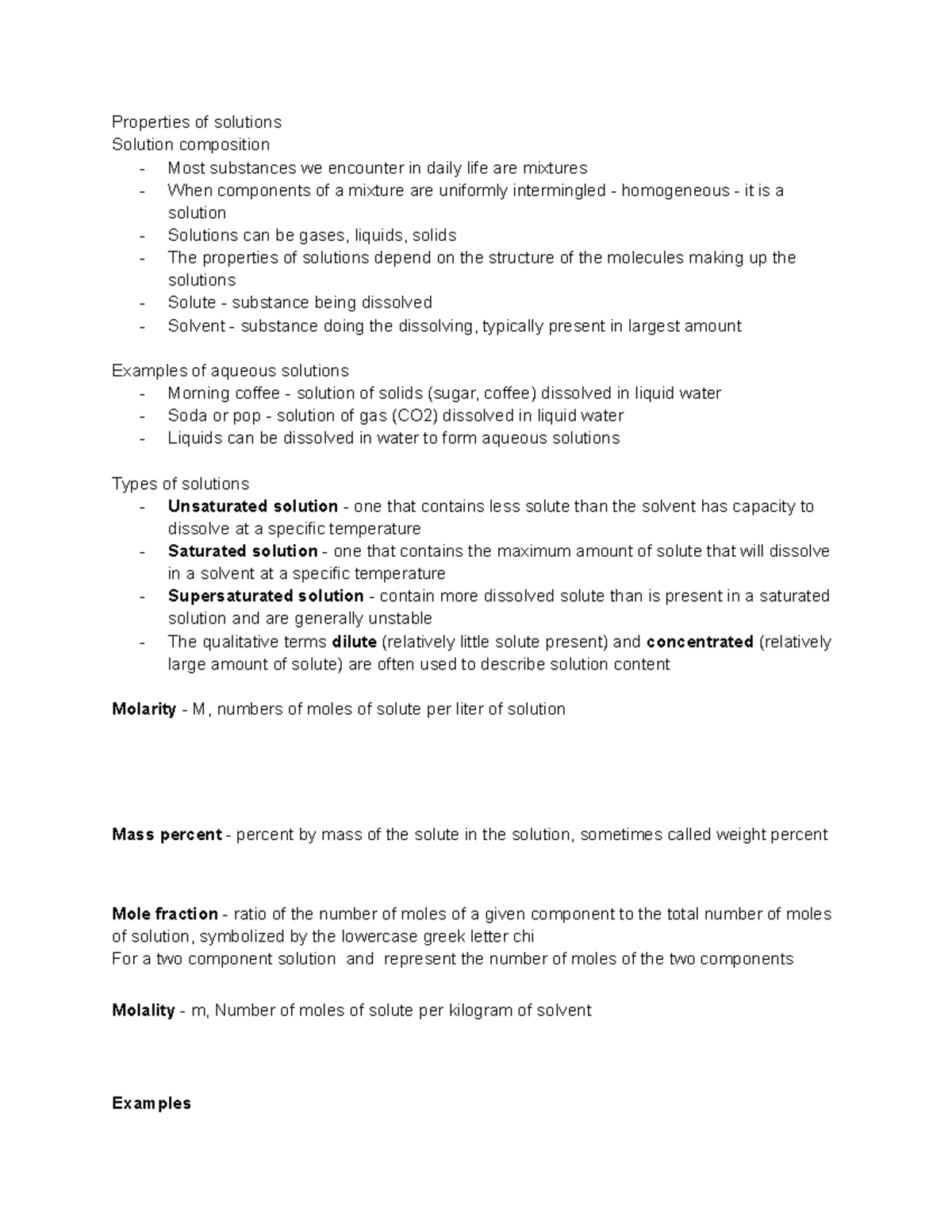 CHEM 1125 ch 10 notes - Properties of solutions Solution composition ...