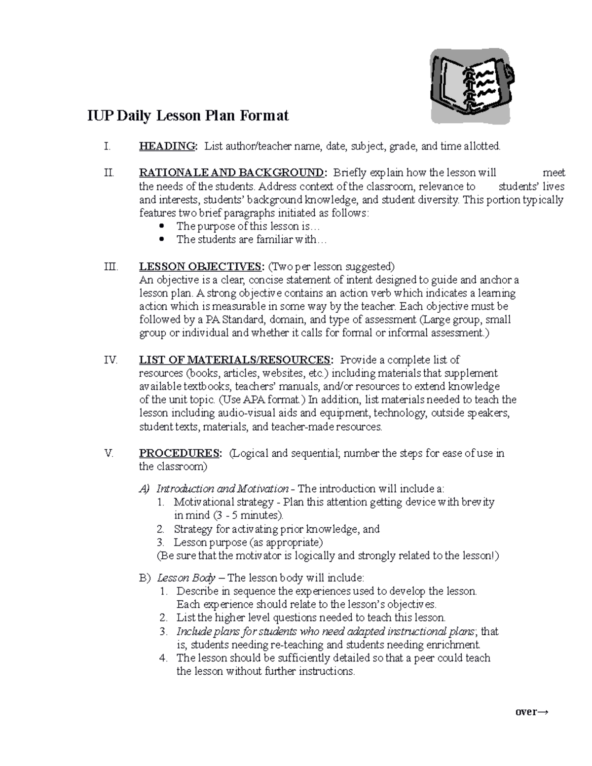 Lesson Plan Format - HEADING: List author/teacher name, date, subject ...