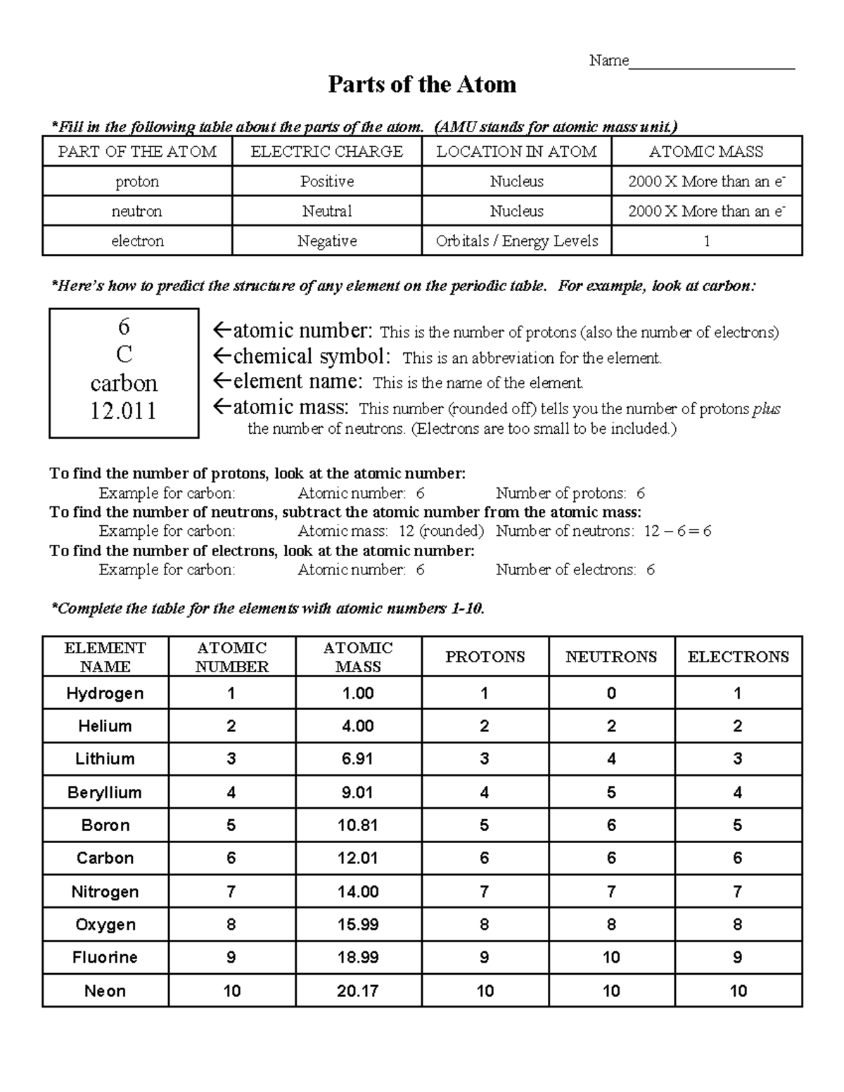 Parts of the Atom work sheet Answers - Name____________________ Parts ...