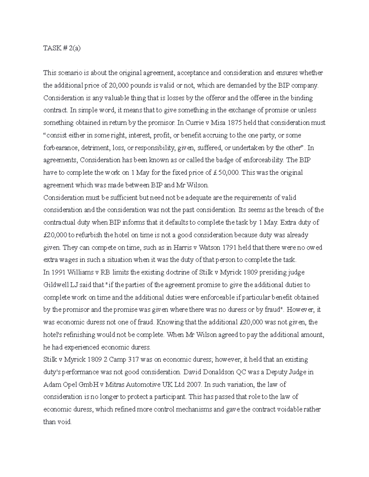 Contract Law Task 2 a sample - TASK # 2(a) This scenario is about the ...