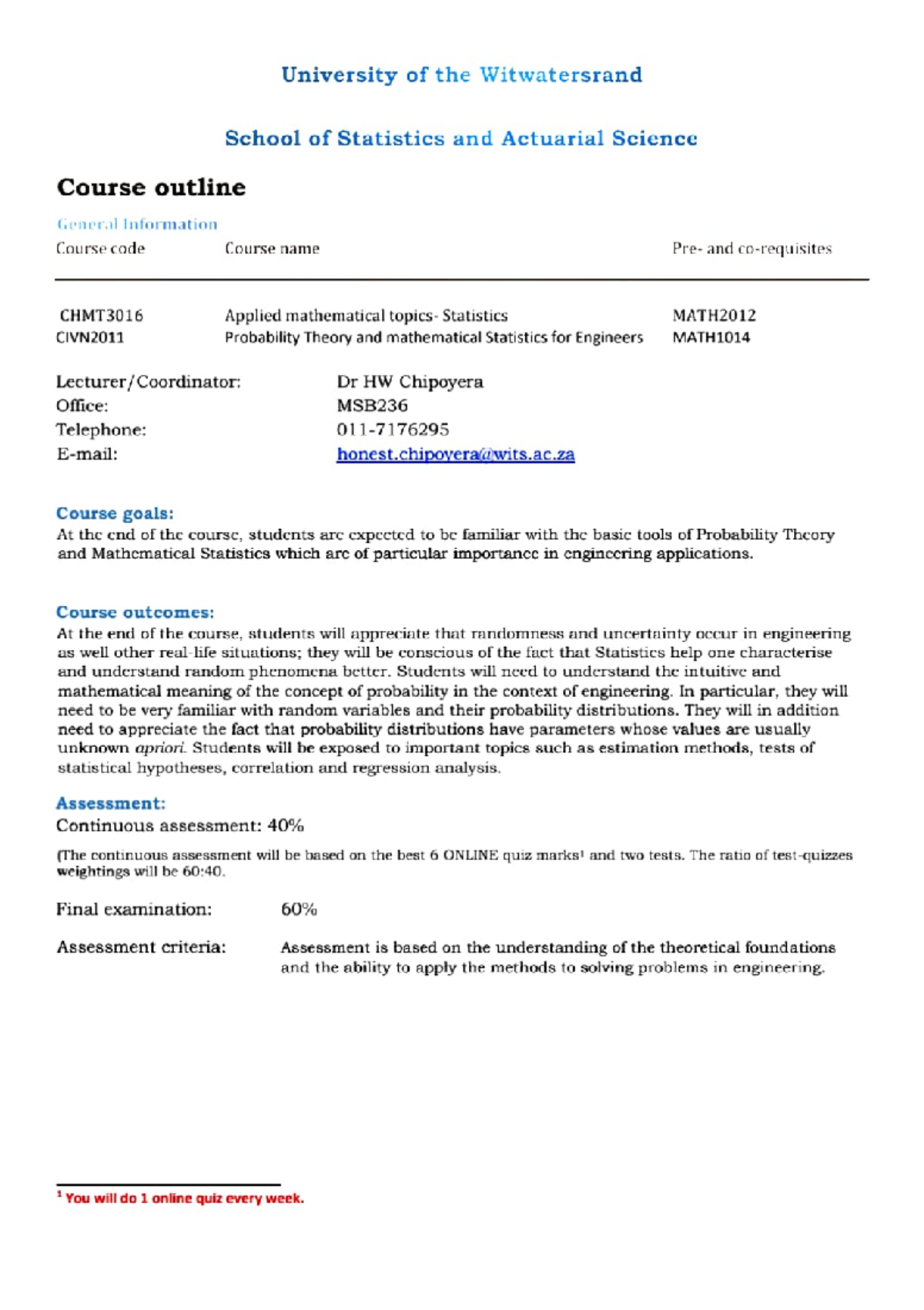 Statistics for Engineers course outline - Univers i ty of the Witwate ...