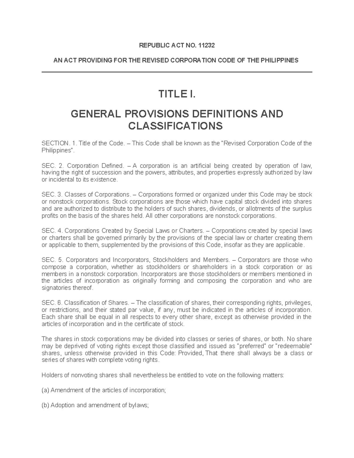Corporation-CODE - N/A - REPUBLIC ACT NO. 11232 AN ACT PROVIDING FOR ...