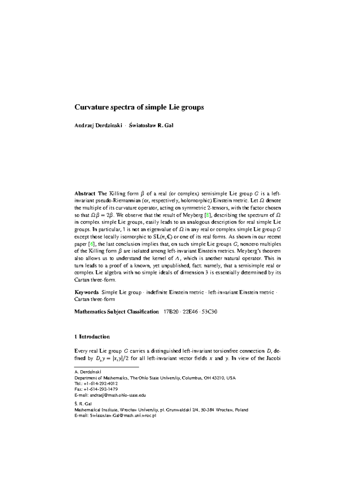 Curvature spectra of simple lie groups - Gal Abstract The Killing form ...