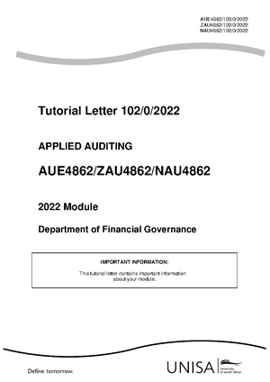 Unisa Audit Tut letter 106 - AUE4862 - Unisa - Studocu