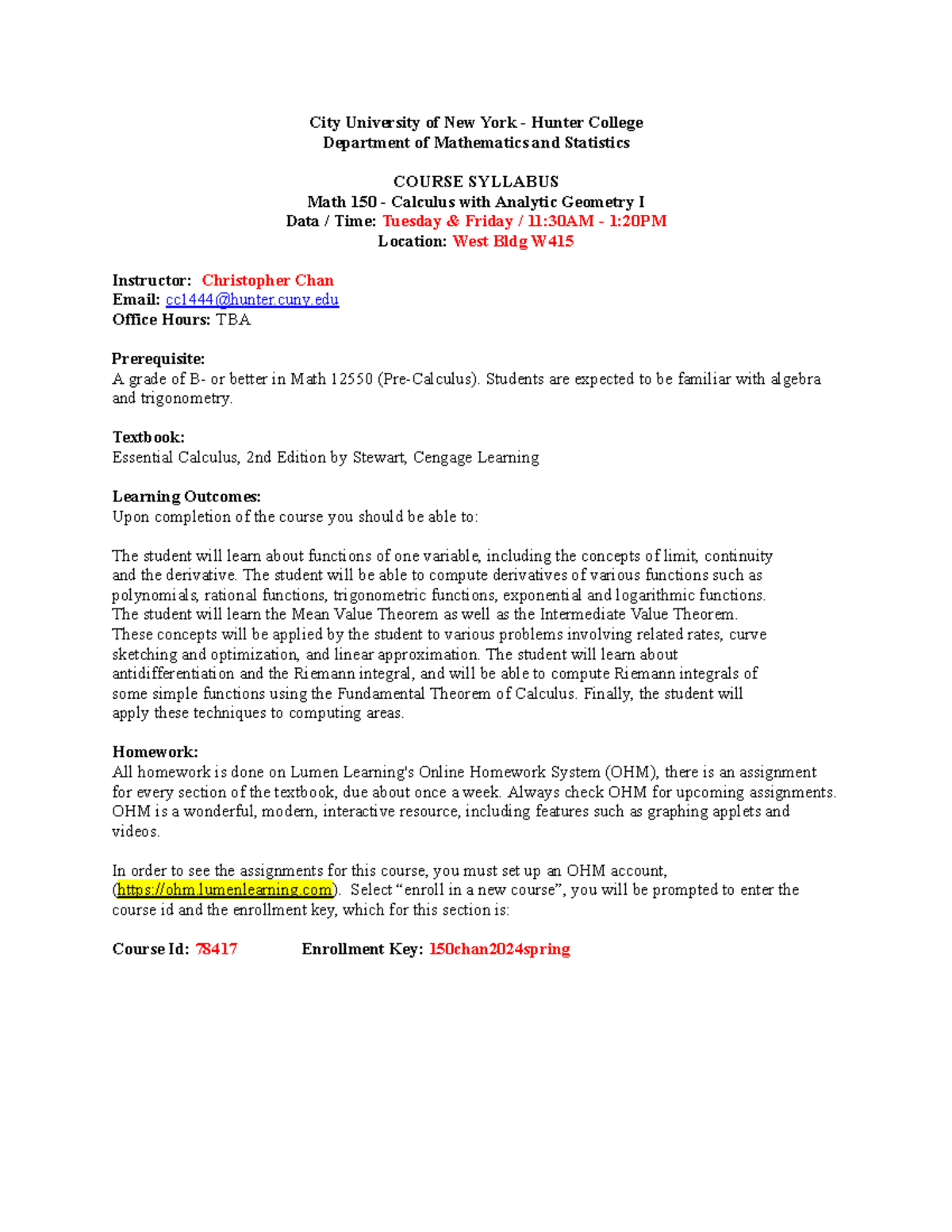 MATH 150 Syllabus - City University of New York - Hunter College ...