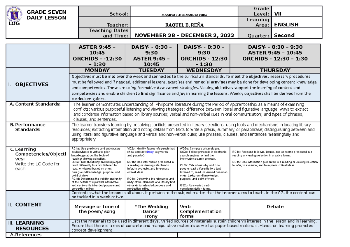 DLL 2nd-Quarter -wk4 - A simple Dll - GRADE SEVEN DAILY LESSON LOG ...