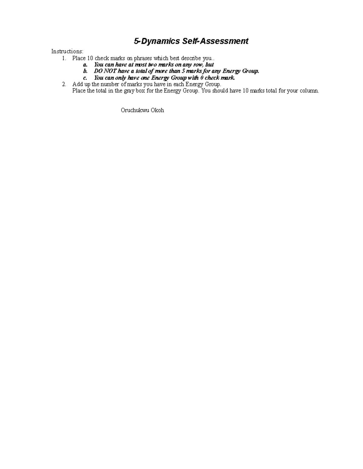 5-Dynamics Self-Assessment - 5-Dynamics Self-Assessment Instructions ...