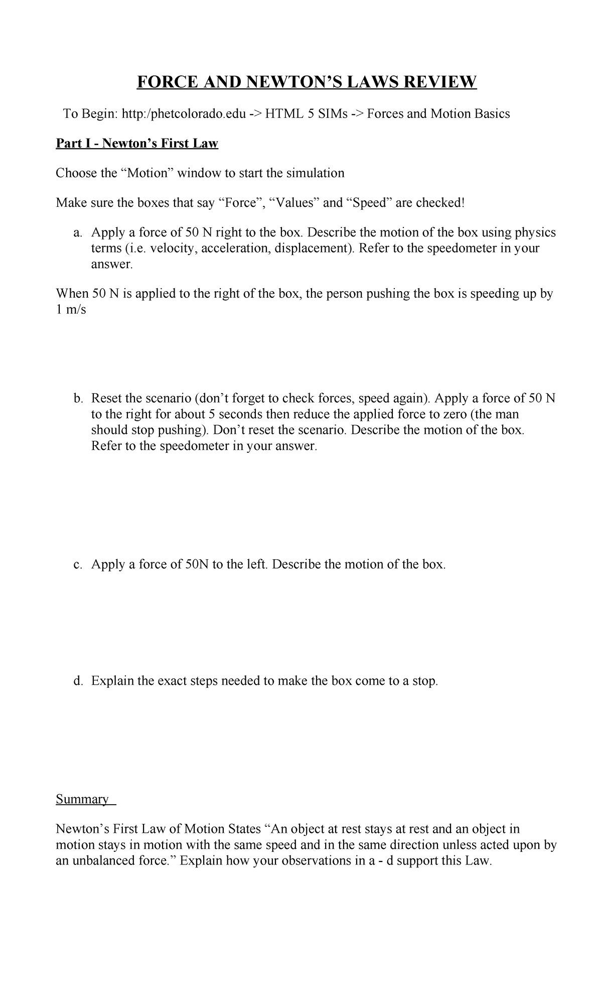 Forces Virtual Lab Activity - FORCE AND NEWTON’S LAWS REVIEW To Begin ...