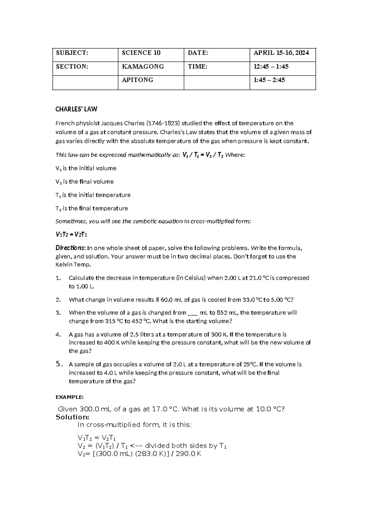 Charles' LAW Module - CHARLES’ LAW French physicist Jacques Charles ...