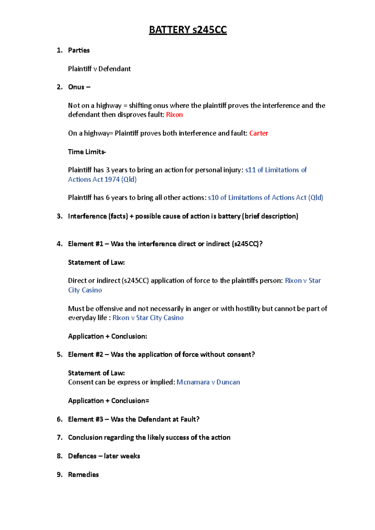 Battery and Assault - Element and case summary - BATTERY s245CC 1 ...