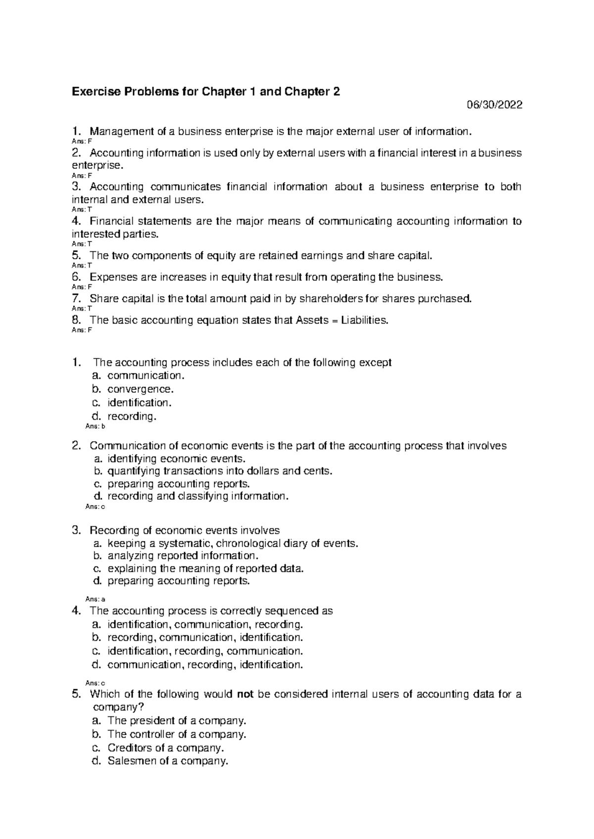 Answers Exercise Problems for Chapter 1 and Chapter 2 - Exercise Problems for Chapter 1 and ...