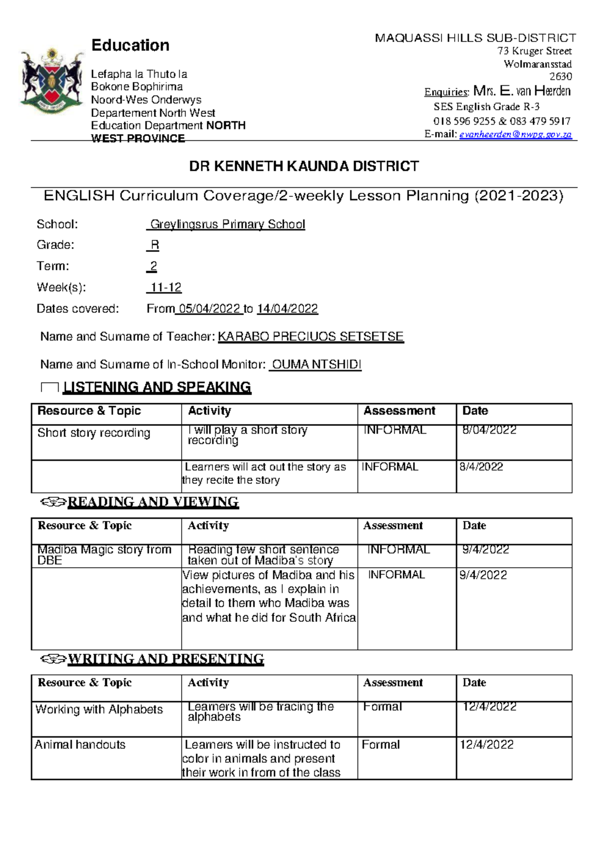 REMS Lesson PLAN - Education Lefapha la Thuto la Bokone Bophirima Noord ...
