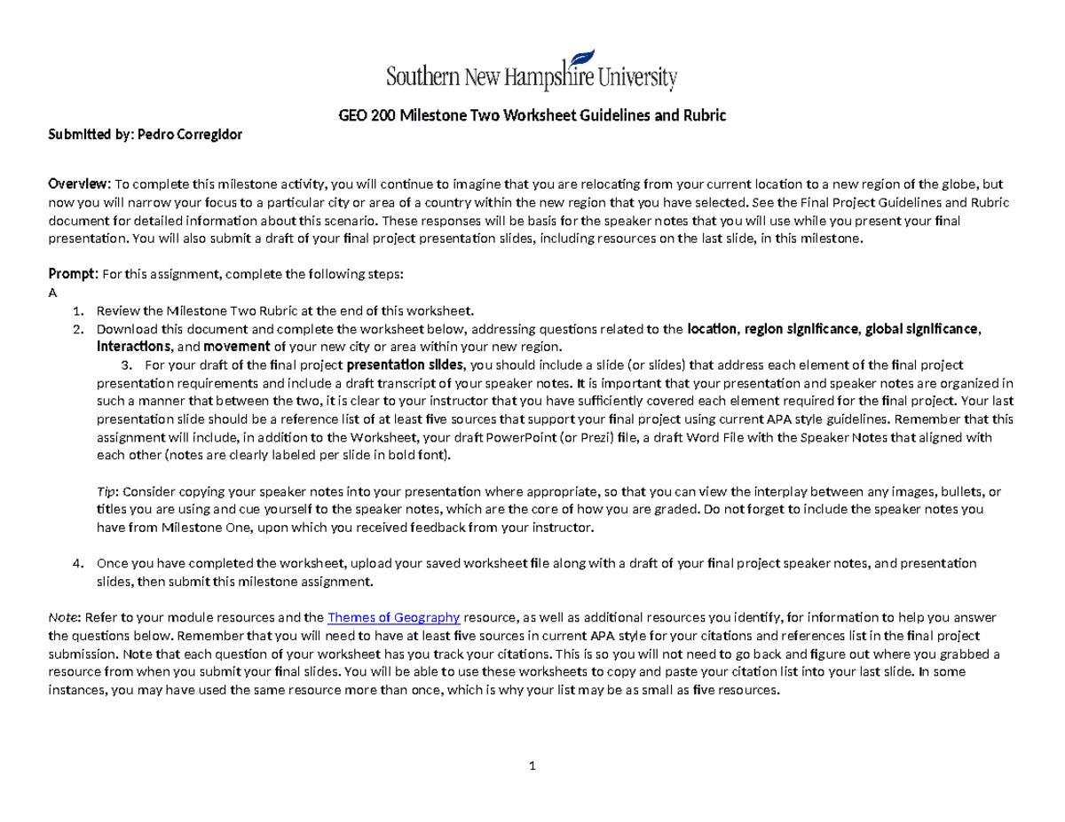 GEO 200 Milestone Two Worksheet - See the Final Project Guidelines and ...