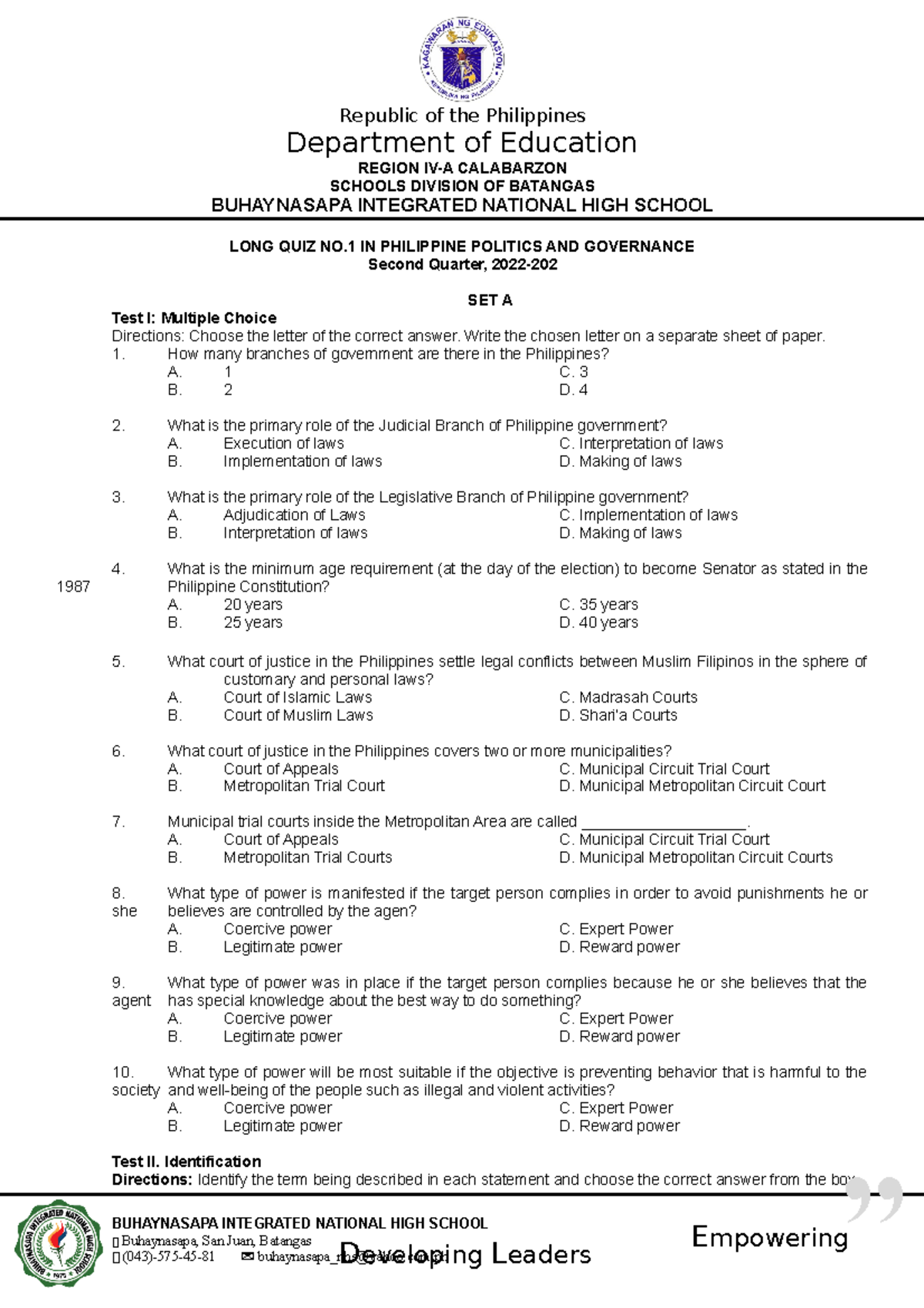 Politics Long Quiz 1 - have fun learning. - Department of Education ...