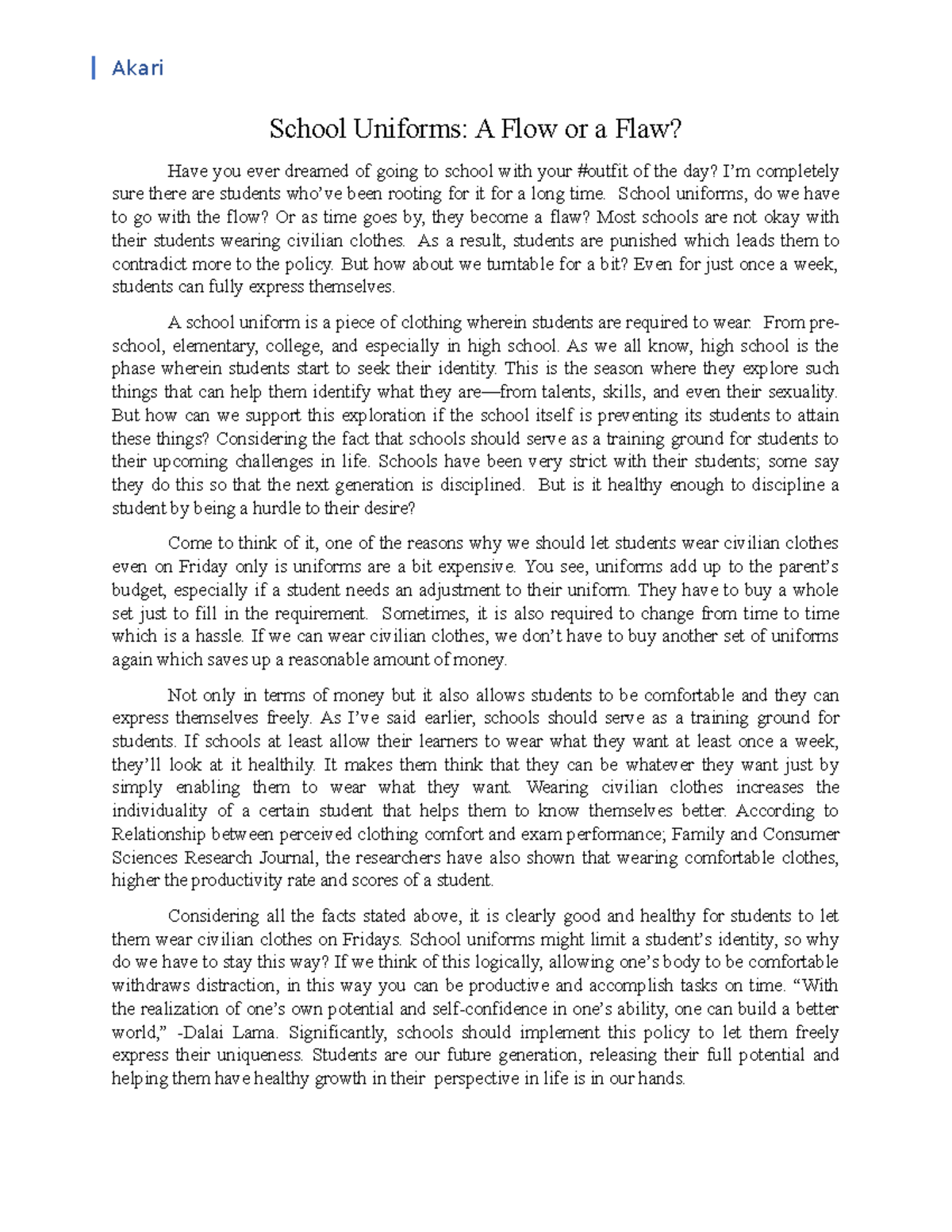 English - Argumentative essay (Akari) - Akari School Uniforms: A Flow ...