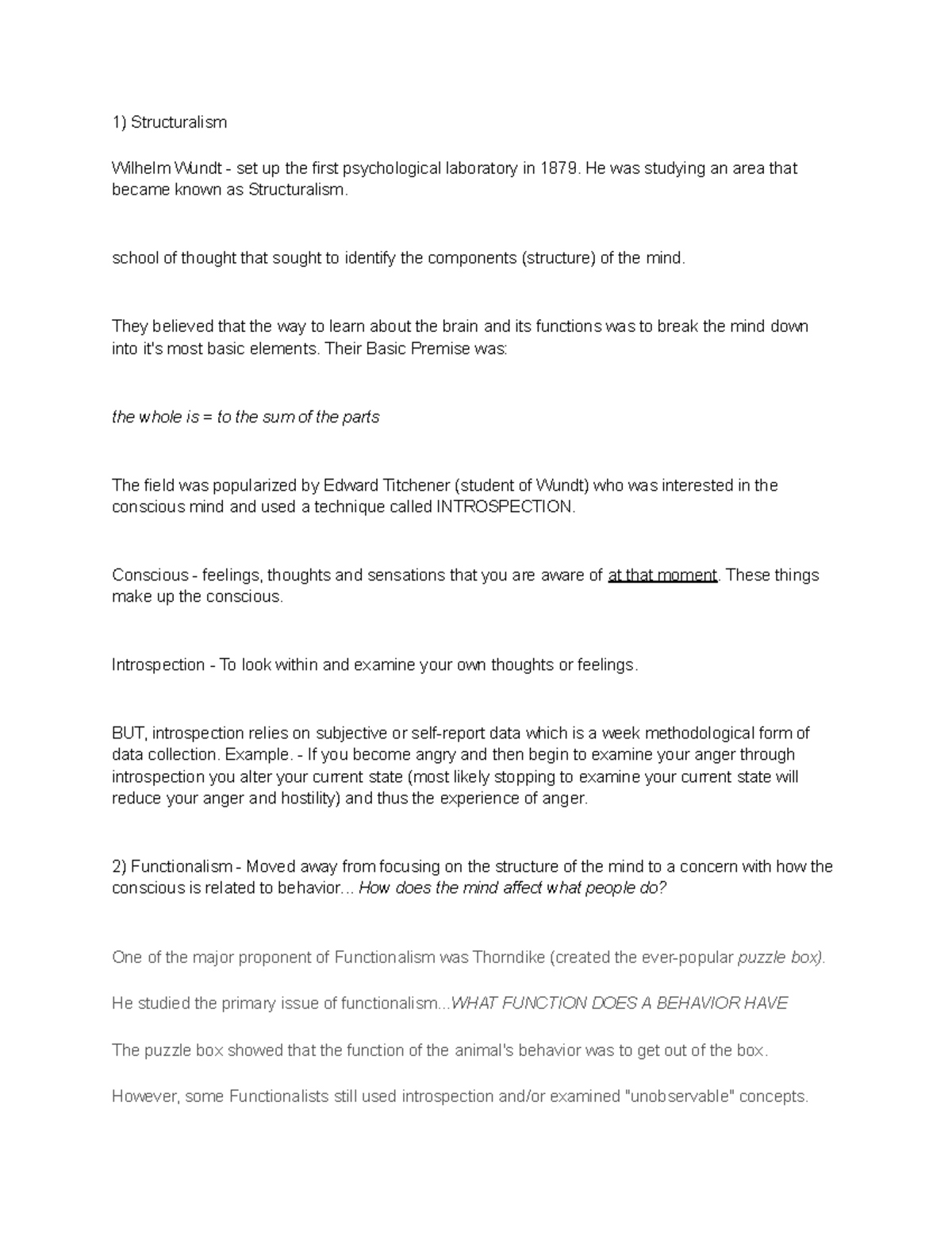 in class lecture notes; psych - Structuralism Wilhelm Wundt - set up ...