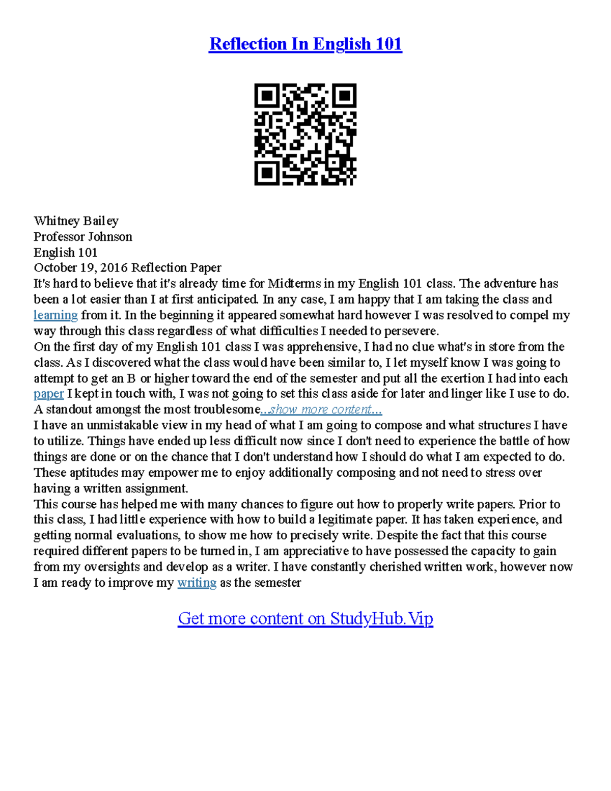 How To Write A College Essay Paper - Reflection In English 101 Whitney ...