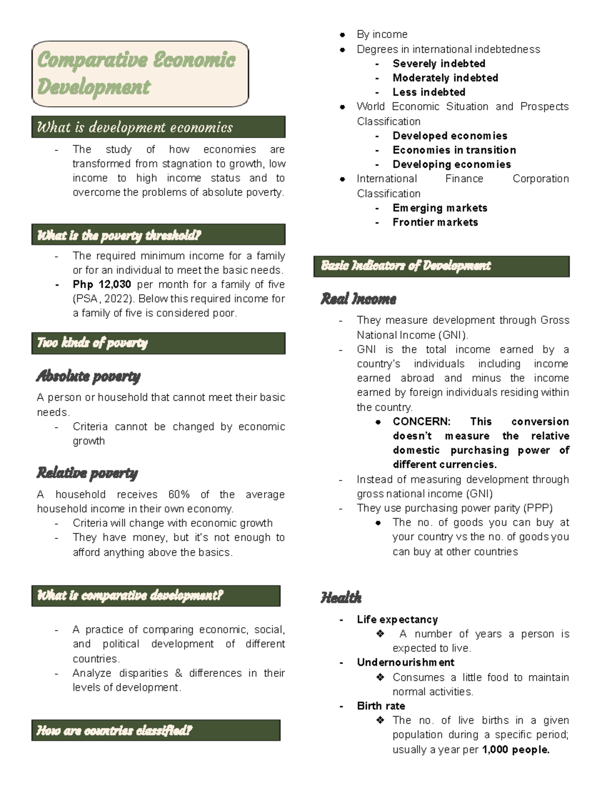 Economic notes - Comparative Economic Development What is development ...