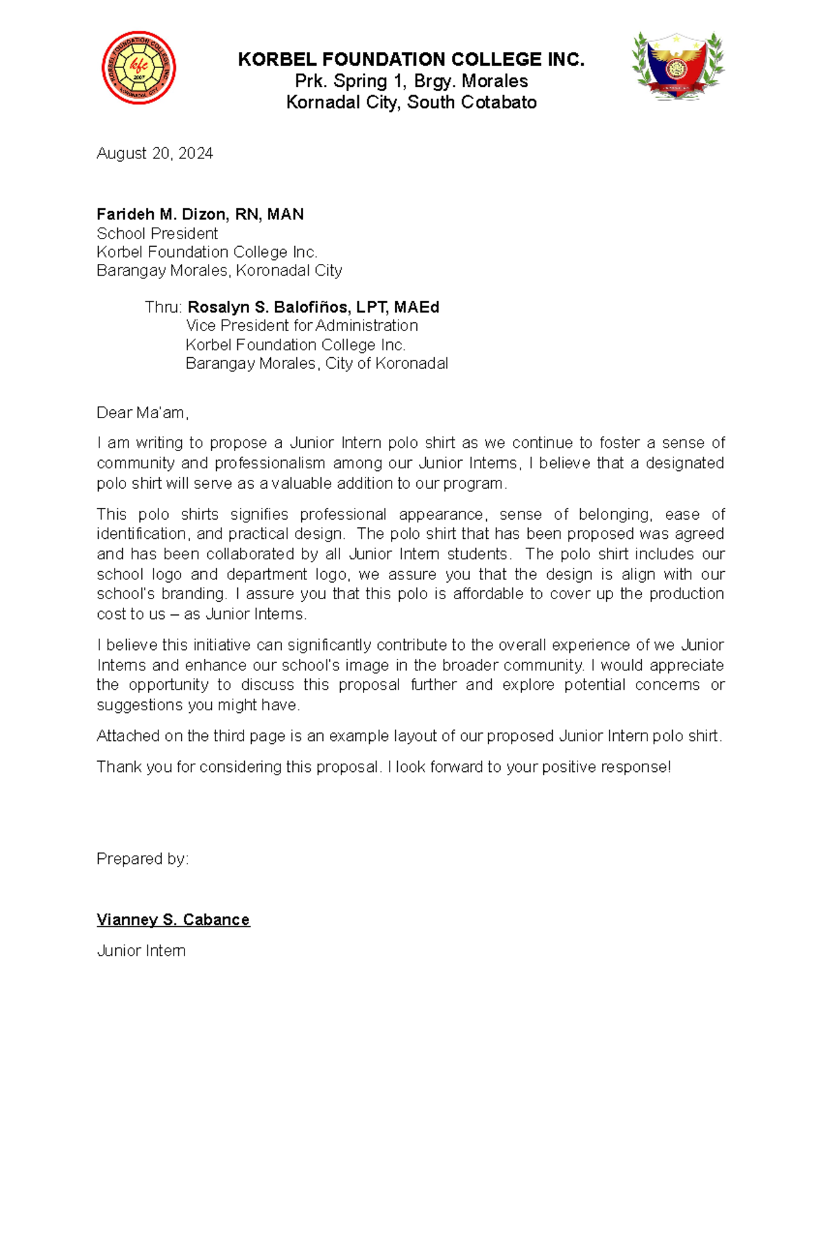 Cabnace proposal - sample - KORBEL FOUNDATION COLLEGE INC. Prk. Spring ...