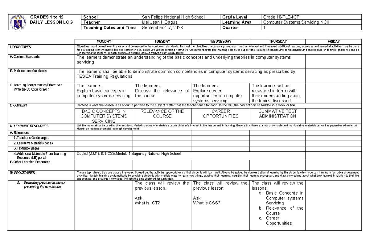 Q1 WEEK 2 - Daily Lesson Log - GRADES 1 to 12 DAILY LESSON LOG School ...