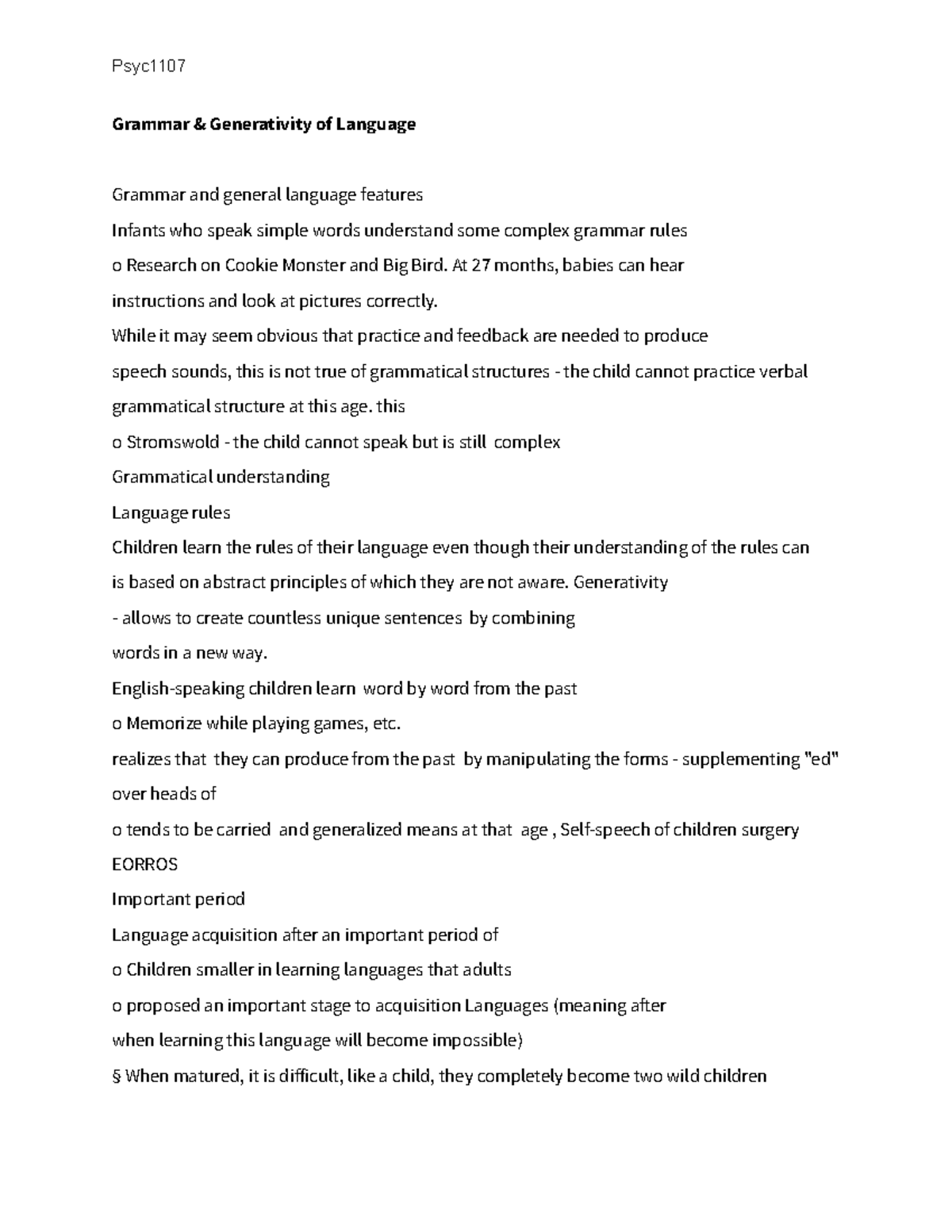 Psyc1107 Chpt8 Test Review Grammar & Generativity of Language - Psyc ...