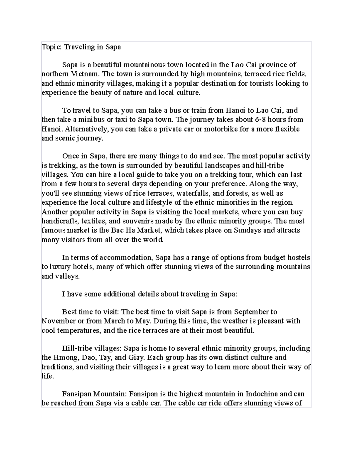 Easy speaking: Topic traveling in sapa - Topic: Traveling in Sapa Sapa ...