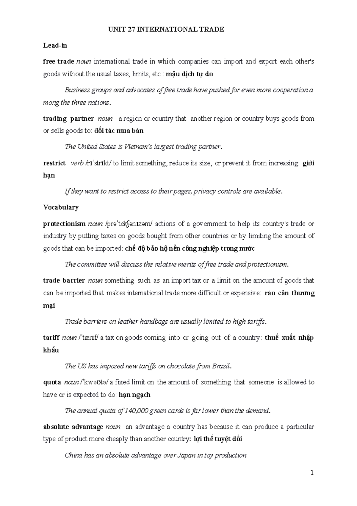 EFBS Glossary UNIT 27 International Trade - UNIT 27 INTERNATIONAL TRADE ...