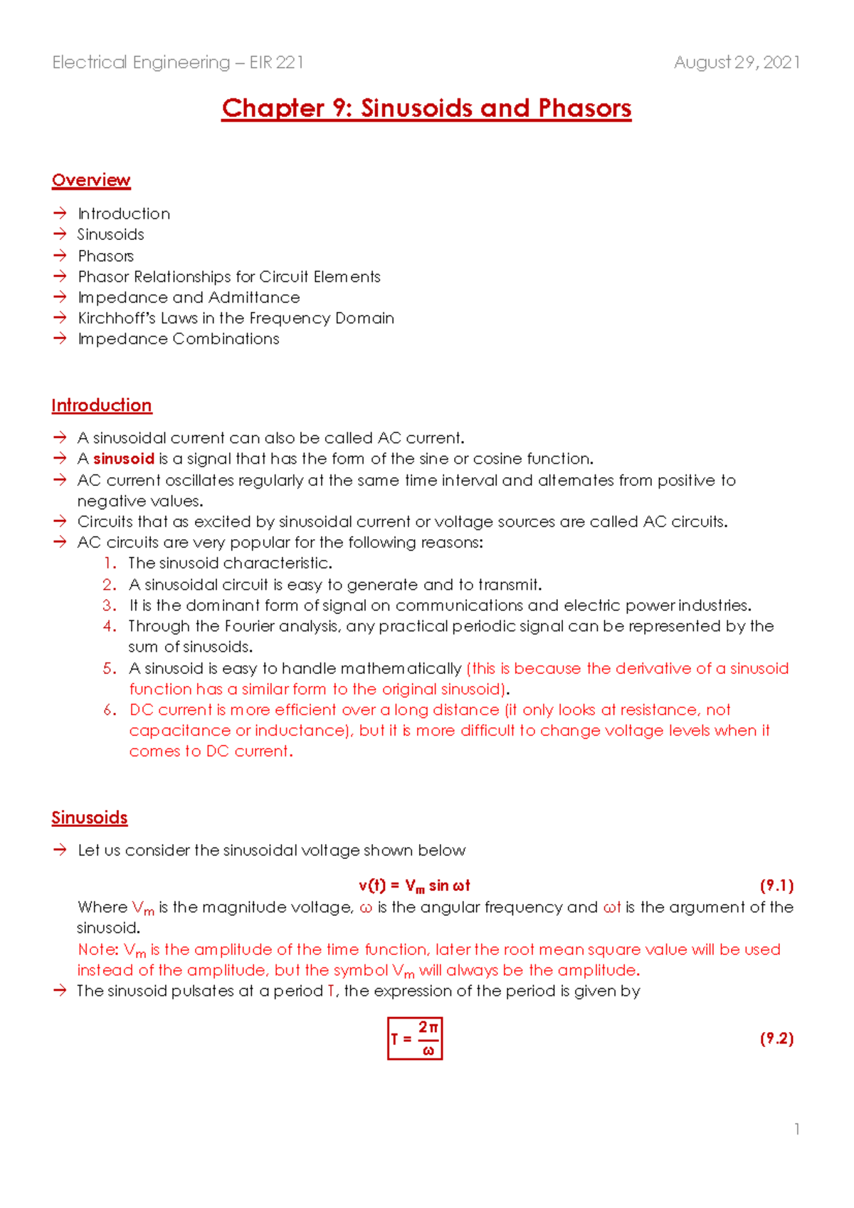 EIR 221 - Chapter 9 Sinusoids and Phasors - Chapter 9 : Sinusoids and ...