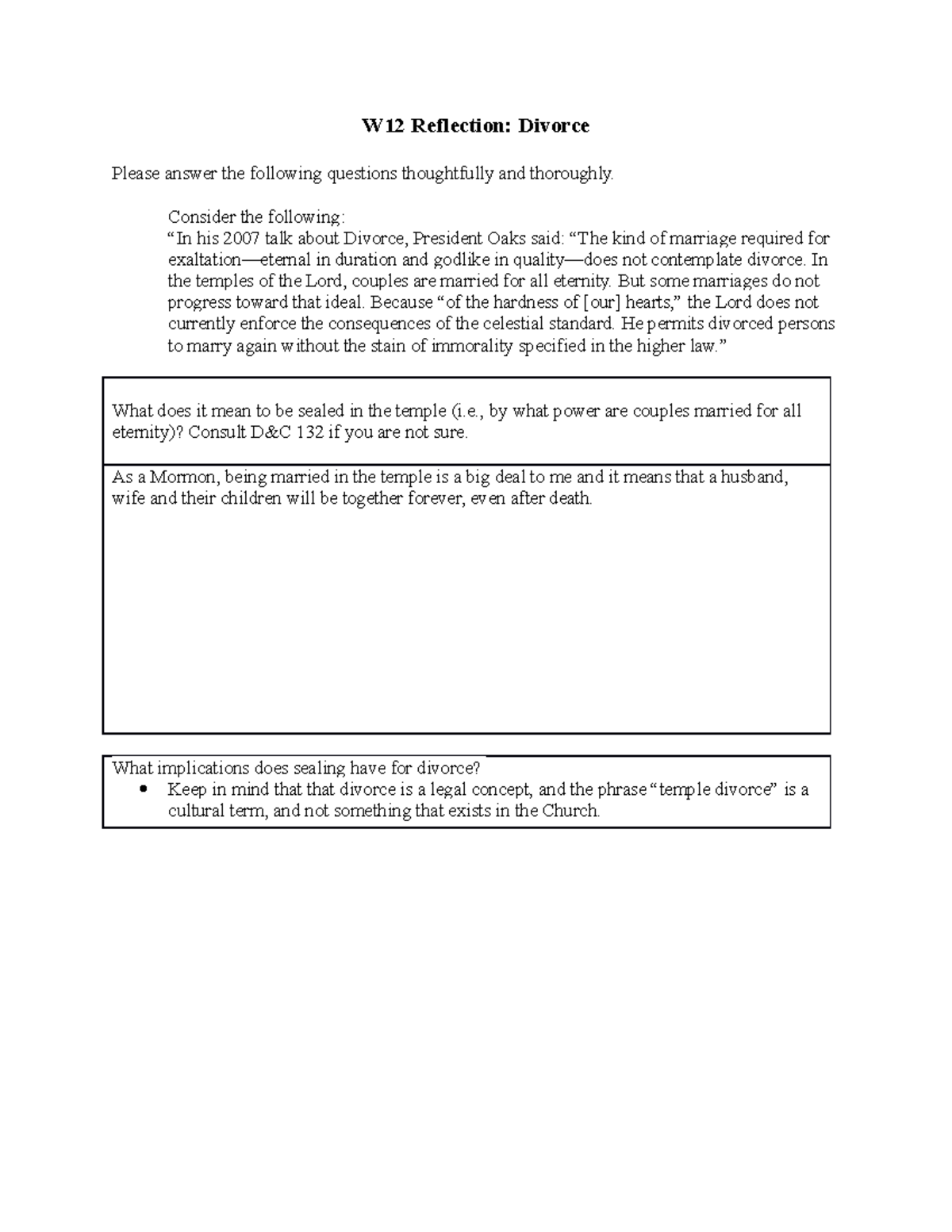 Soc311 Reflection Questions W 12 - W12 Reflection: Divorce Please answer the following questions ...