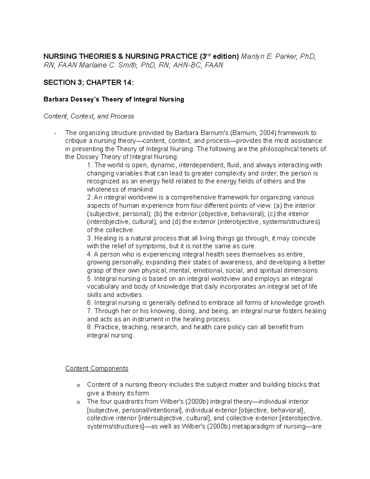 Barbara Dossey 02 - Lecture notes for TFN - NURSING THEORIES & NURSING ...