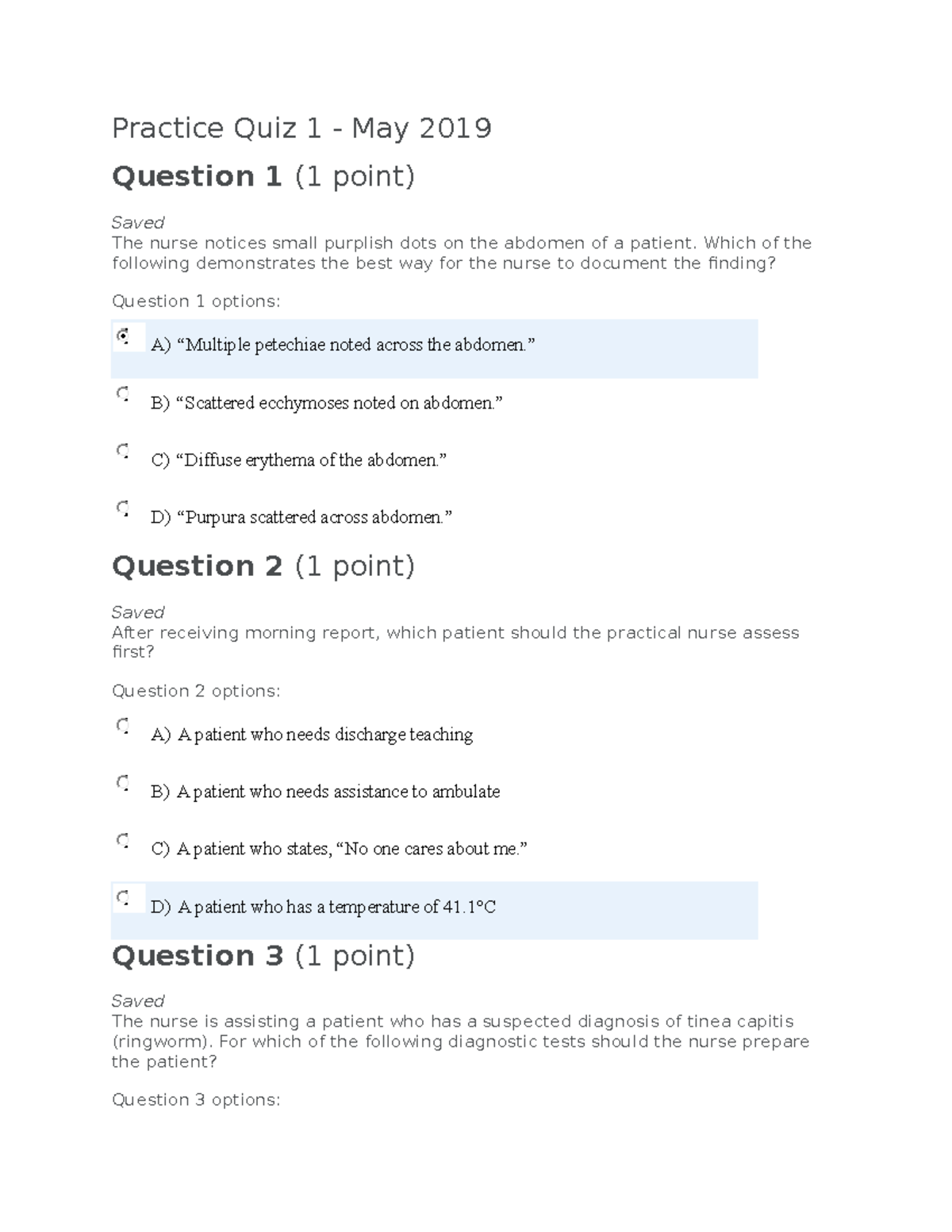 practice exam on med surg 54,55, 53 - Practice Quiz 1 - May 2019 ...
