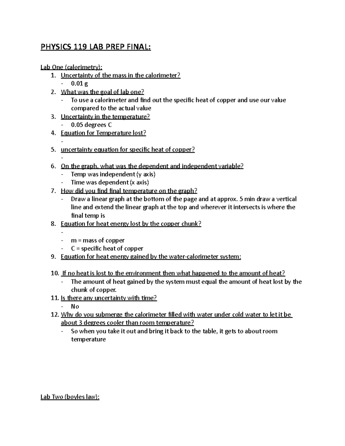 Physics 119 LAB PREP Final - PHYSICS 119 LAB PREP FINAL: Lab One ...
