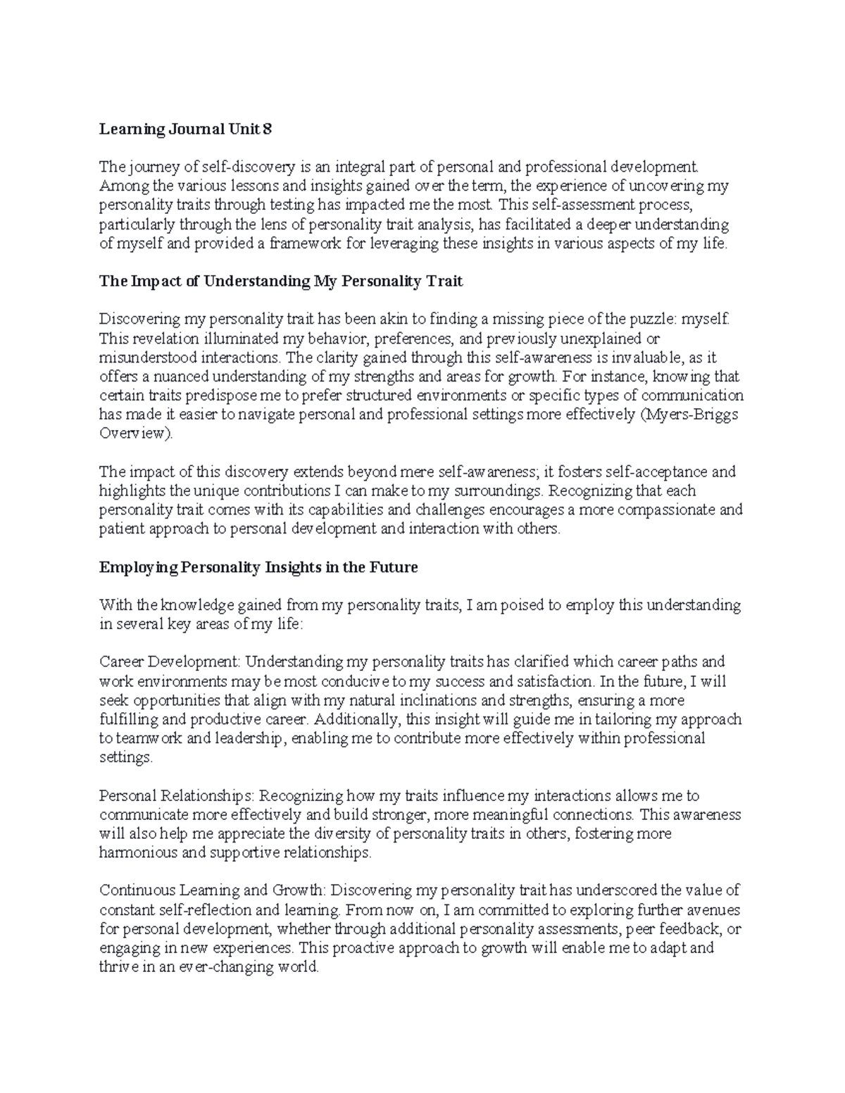 Learning Journal Unit 8 - Among the various lessons and insights gained ...