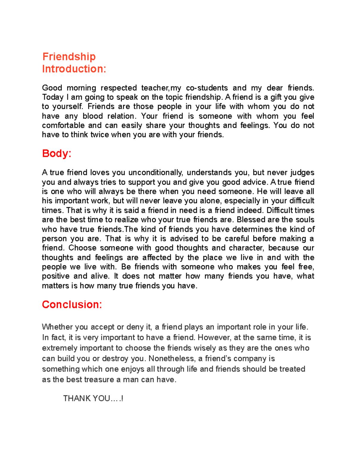 Friendship-speech - need help - Friendship Introduction: Good morning ...