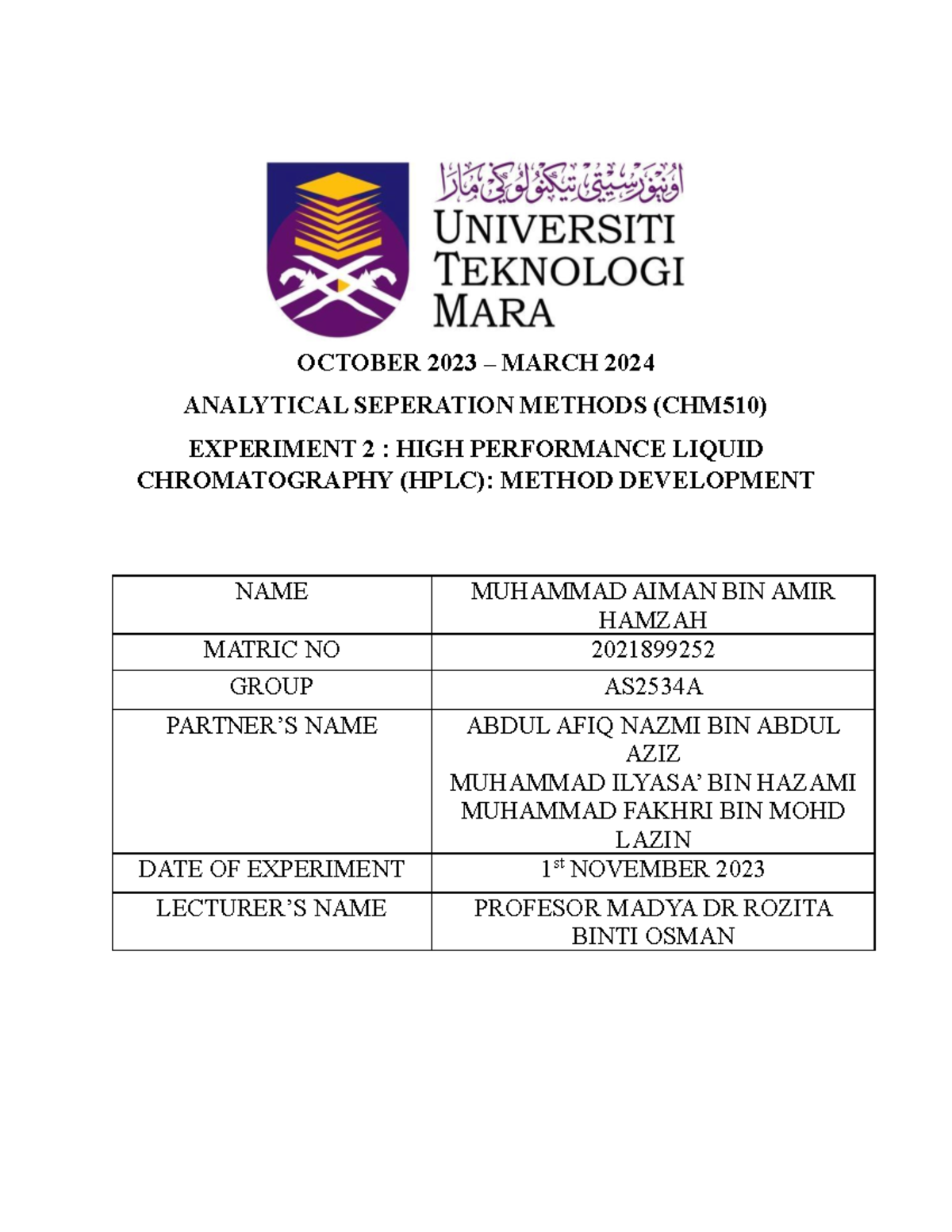 LAB Report EXP2 CHM510 - HIGH PERFORMANCE LIQUID CHROMATOGRAPHY (HPLC ...
