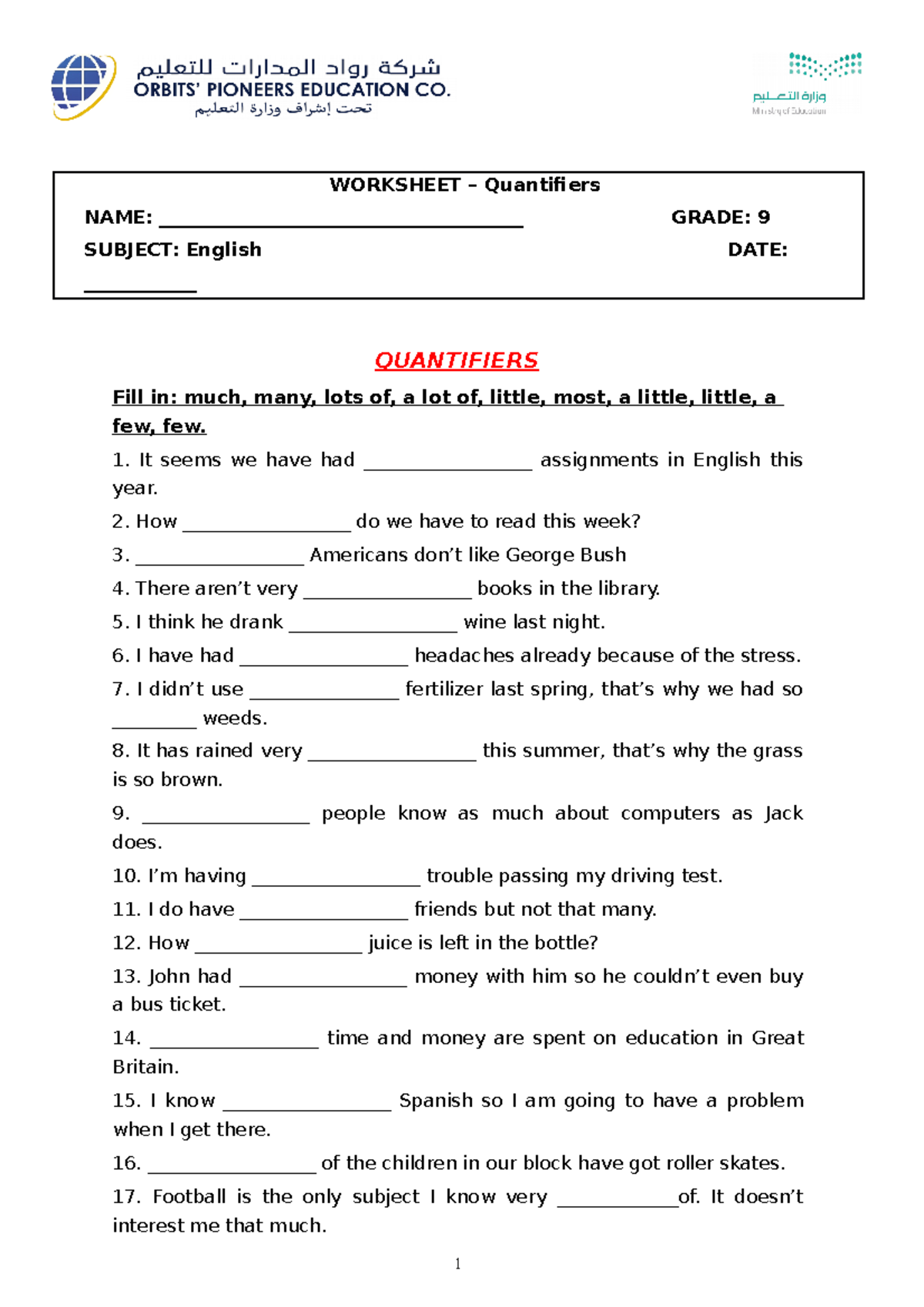 Quantifiers - worksheet - grade 9 - WORKSHEET – Quantifiers NAME: - Studocu
