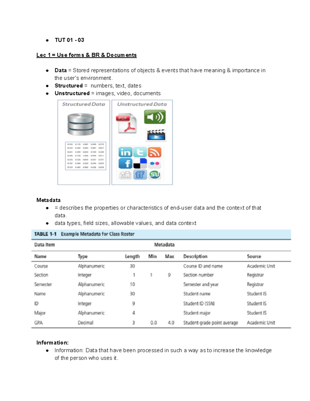 DB Fund - lec 1 - Database fundamentals lecture notes - TUT 01 - 03 Lec ...