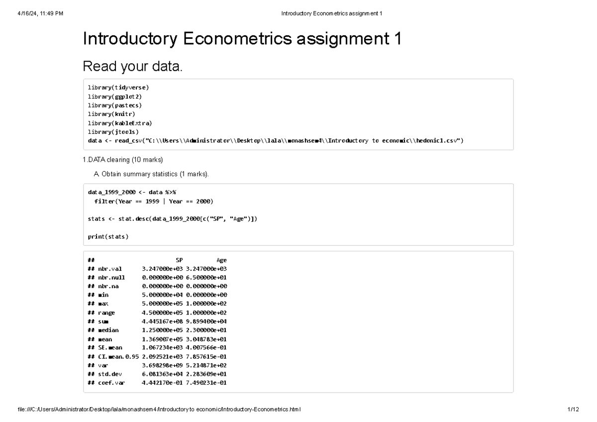 Introductory Econometrics assignment 1 - library(tidyverse) library(ggplot2) library(pastecs ...