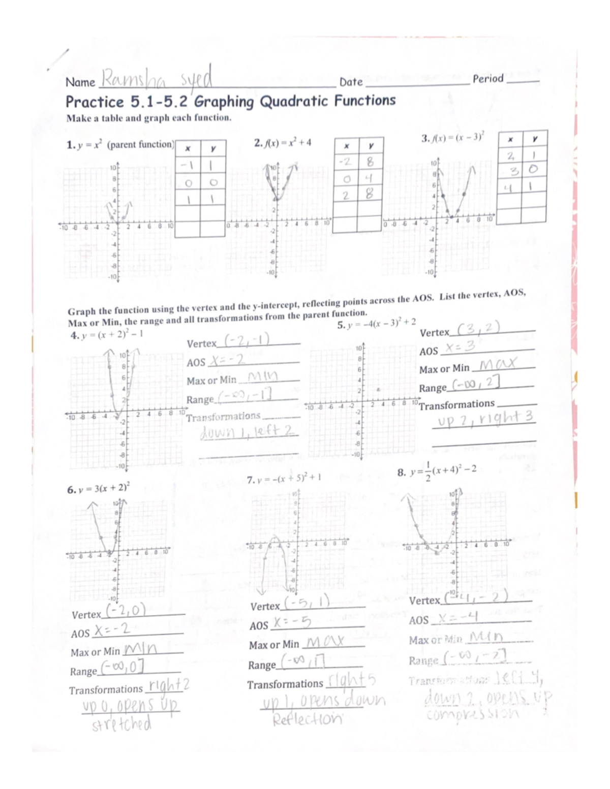 Practice 5.1-5.2 Graphing Quadratic Functions - Studocu