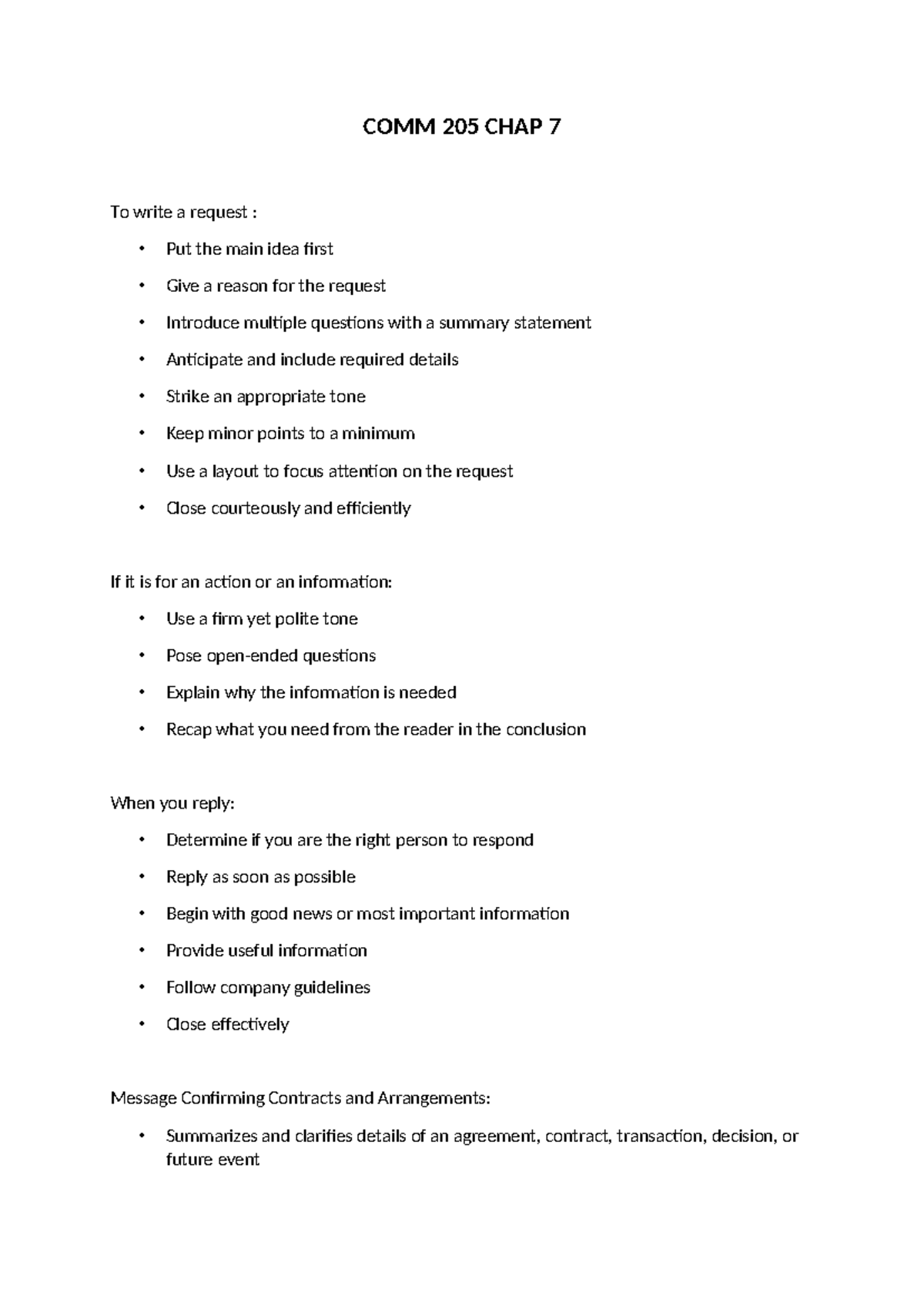COMM 205 CHAP 7 - cjapter 7 - COMM 205 CHAP 7 To write a request : - Put the main idea first ...