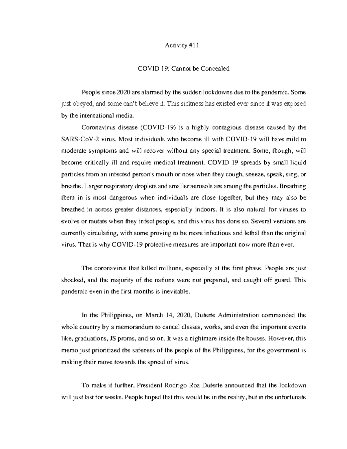 Covid 19 Essay - Activity # COVID 19: Cannot be Concealed People since ...
