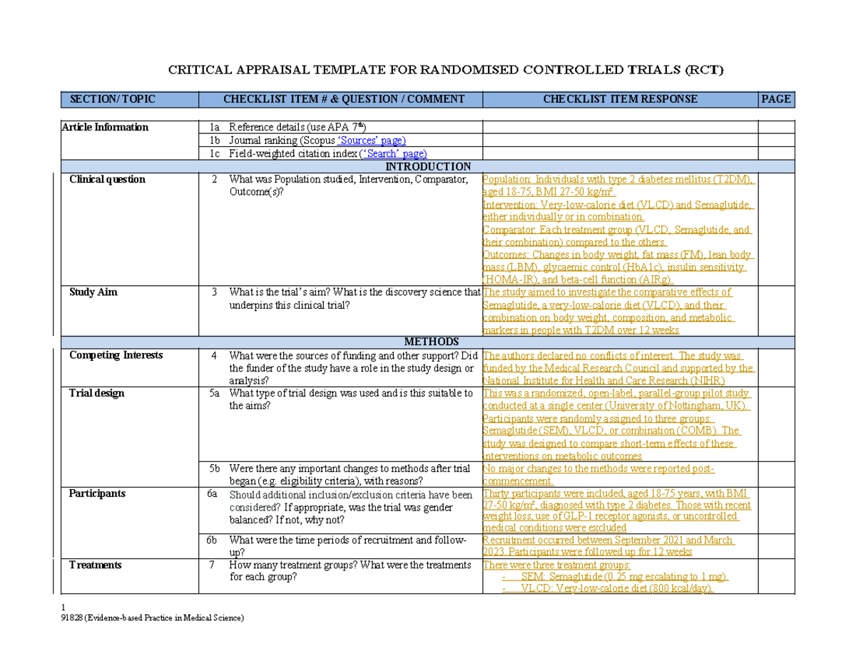 RCT Appraisal Template - CRITICAL APPRAISAL TEMPLATE FOR RANDOMISED ...