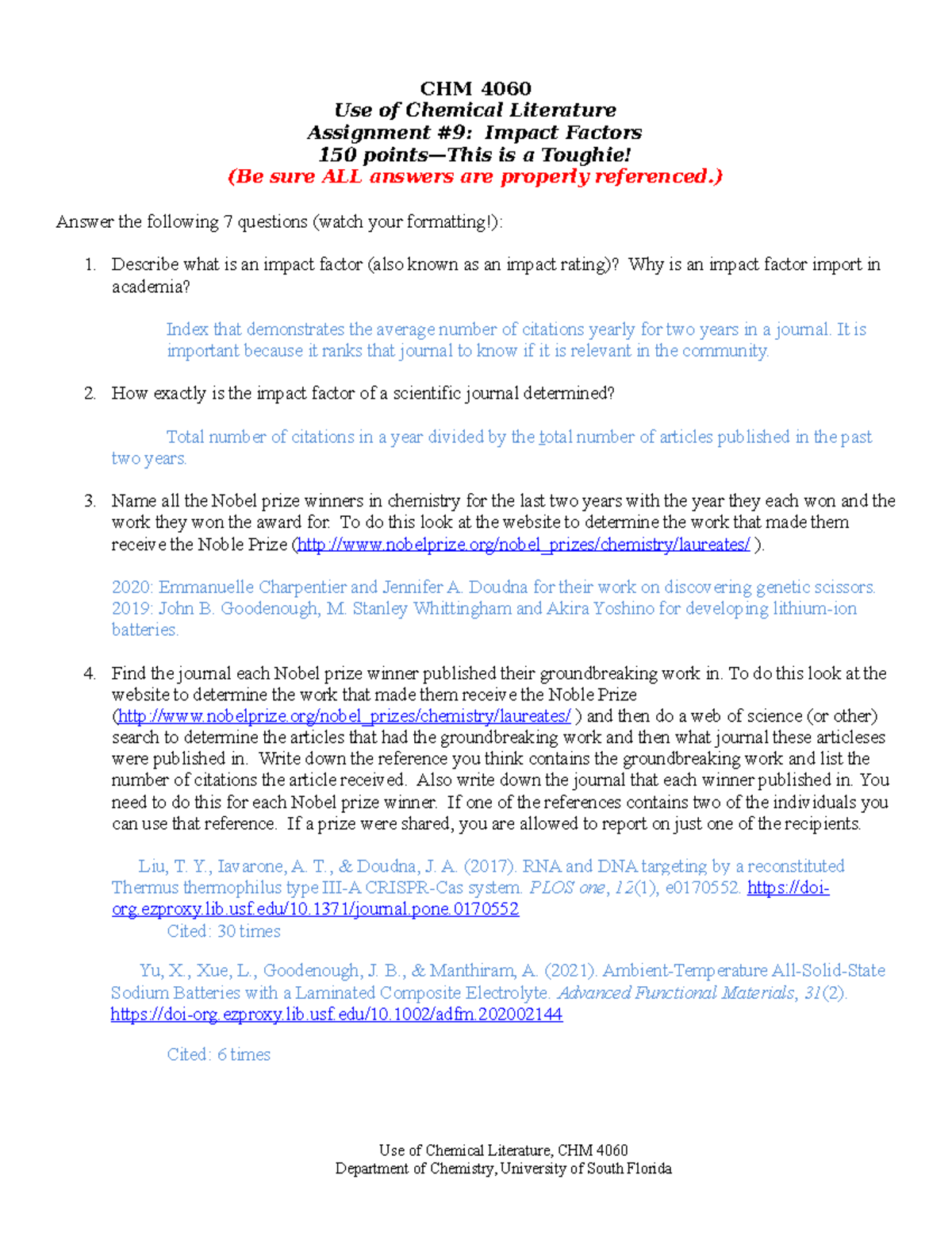 Assignment #9: Impact Factors - CHM4060 - USF - Studocu