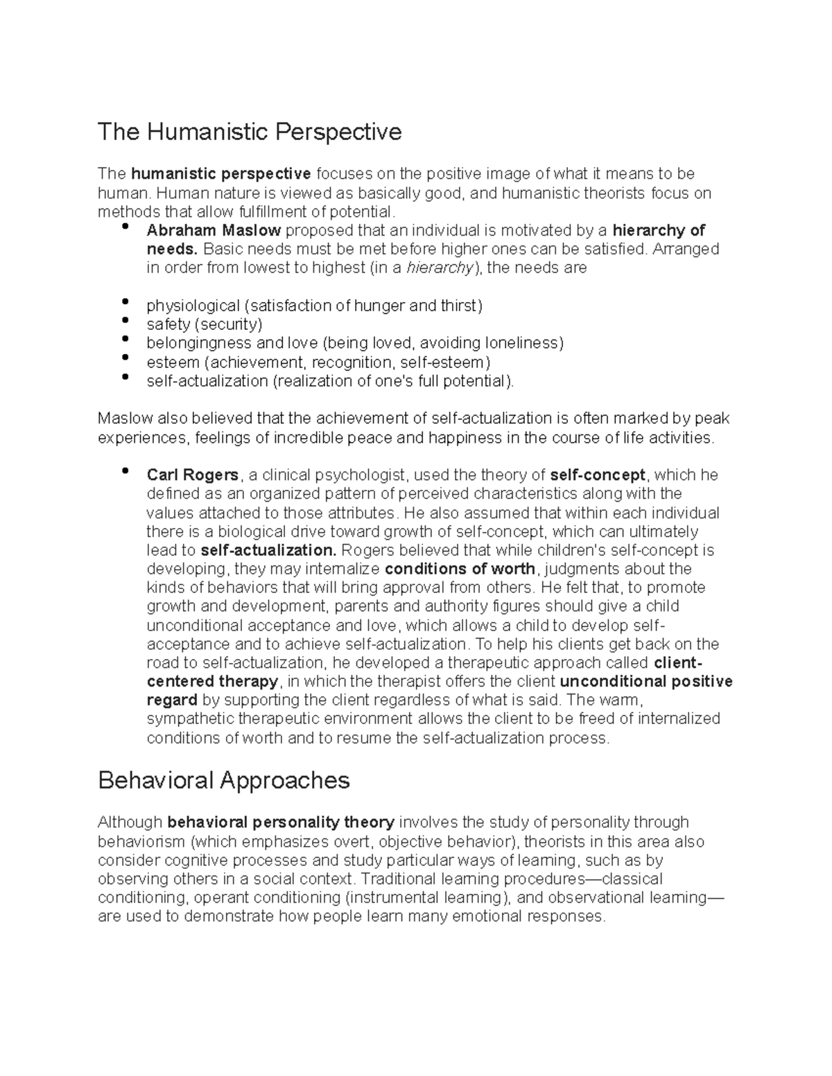 The Humanistic Perspective - Human nature is viewed as basically good ...