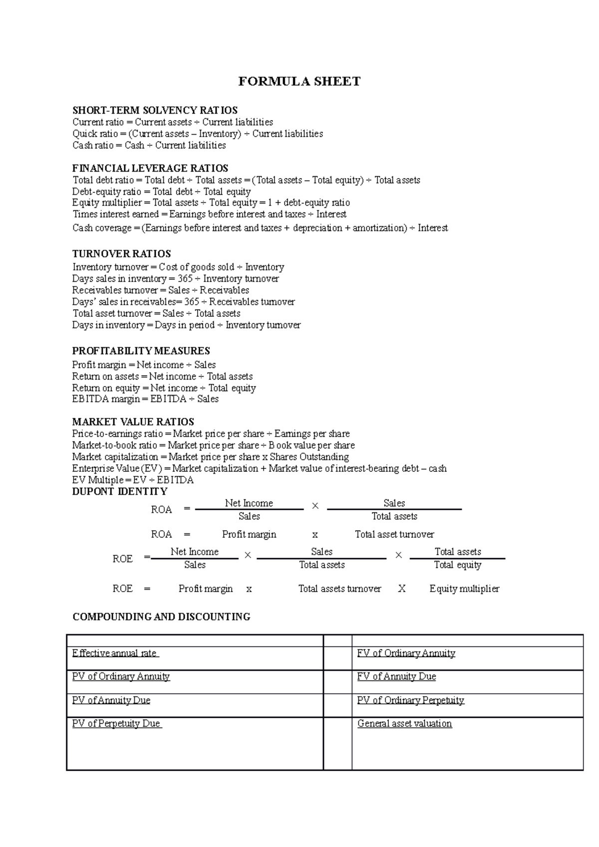 Formula Sheet - fnadkml,sjdfskaplofvkn - FORMULA SHEET SHORT-TERM ...